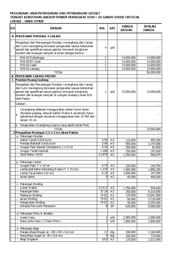 Contoh BOQ Proyek Konstruksi Genset | PDF