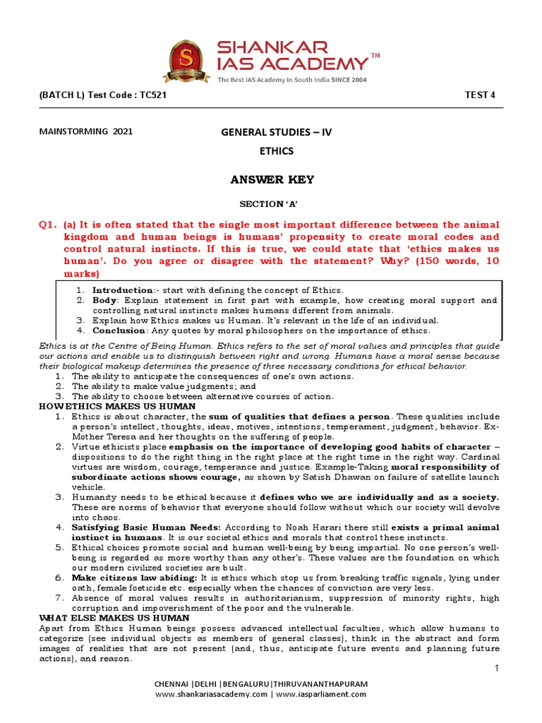 General Studies - Iv Ethics Answer Key: Mainstorming 2021 | PDF ...