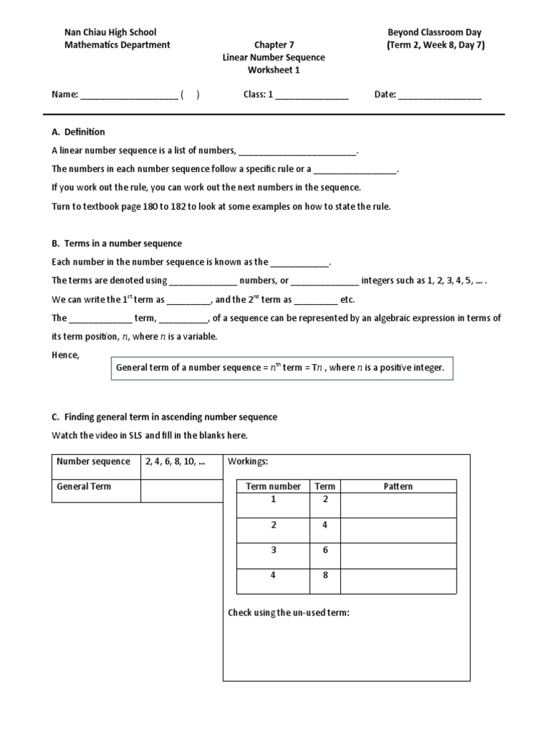 Worksheet 1 On Number Sequence | PDF | Sequence | Numbers