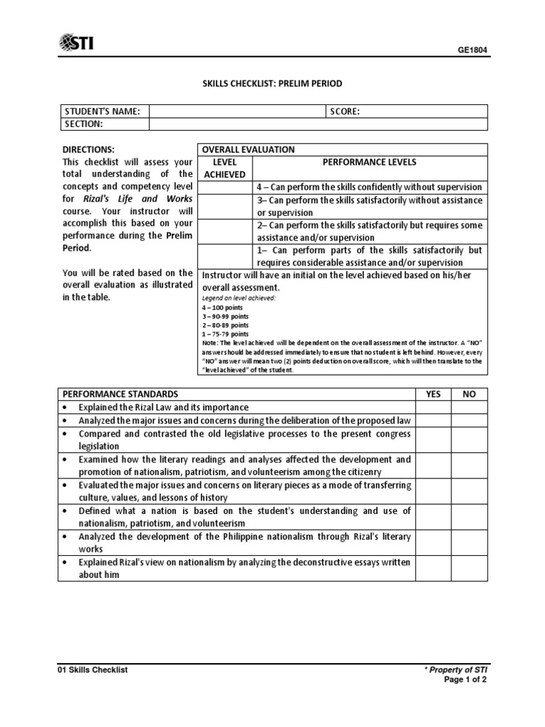Skills Checklist: Prelim Period: Legend On Level Achieved | PDF ...
