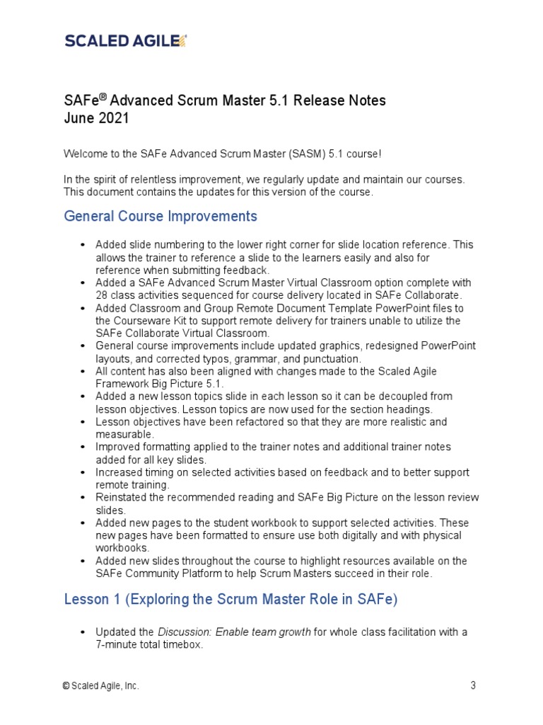 SAFe Advanced Scrum Master Release Notes (5.1) | PDF | Agile Software ...