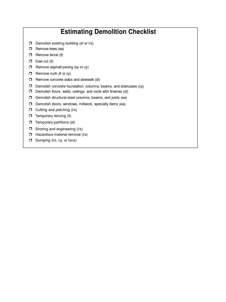 Estimating Demolition Checklist | PDF | Art