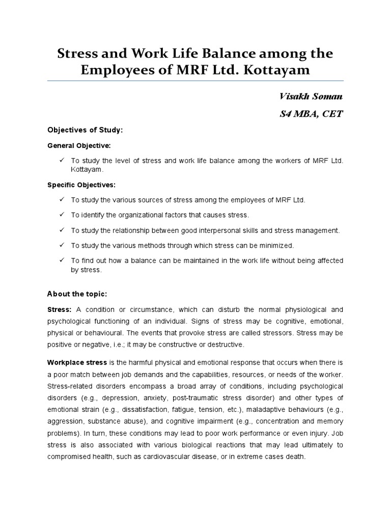 Abstract Stress and Work Life Balance Among The Employees of MRF LTD ...