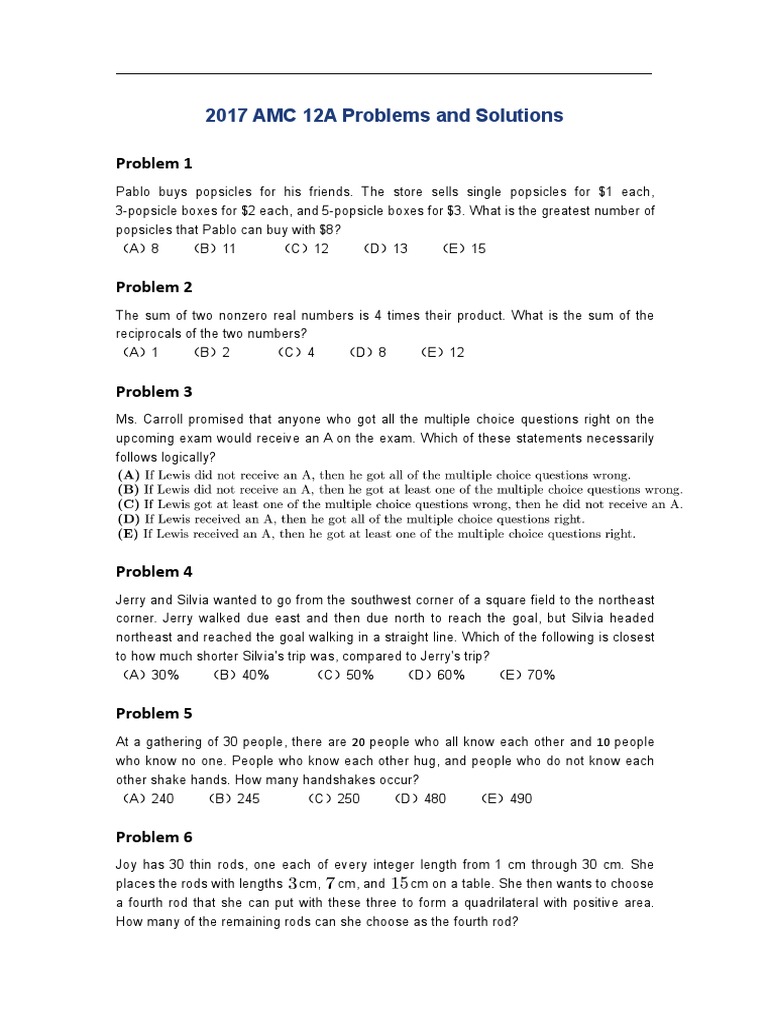 2017 AMC 12A Problems and Solutions: Problem 1 | Download Free PDF ...