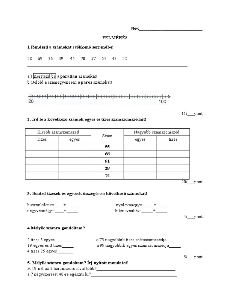 FELMÉRÉS Év Eleji 3.osztály | PDF