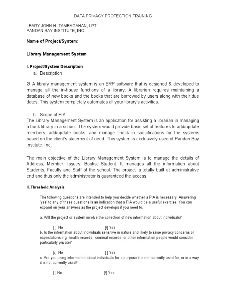 Library Management PIA Template | PDF | Privacy | Information Privacy