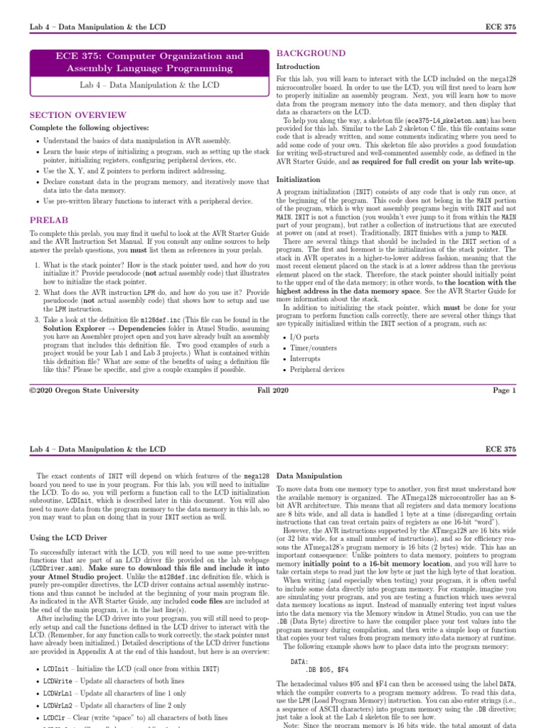 ECE 375: Computer Organization and Assembly Language Programming | PDF | Subroutine | Pointer ...