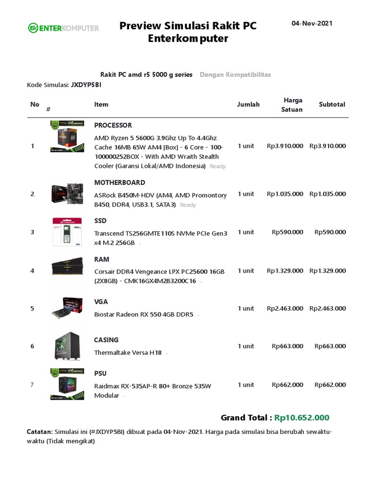 Simulasi - Rakit PC Amd r5 5000 G Series - Enterkomputer Toko Komputer ...