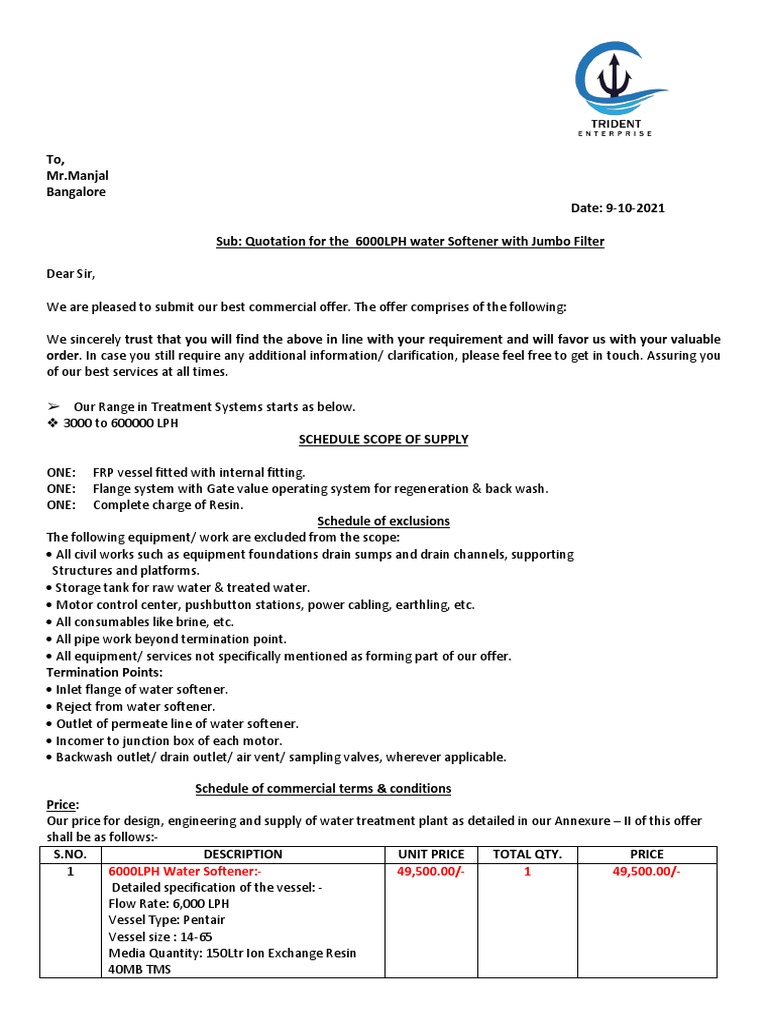 Quotation for 6000 LPH Water Softener | PDF