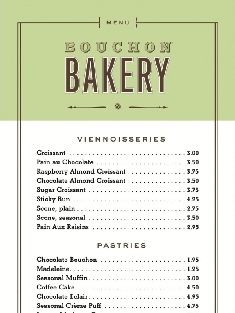 Bouchon Bakery Menu (Front) | PDF
