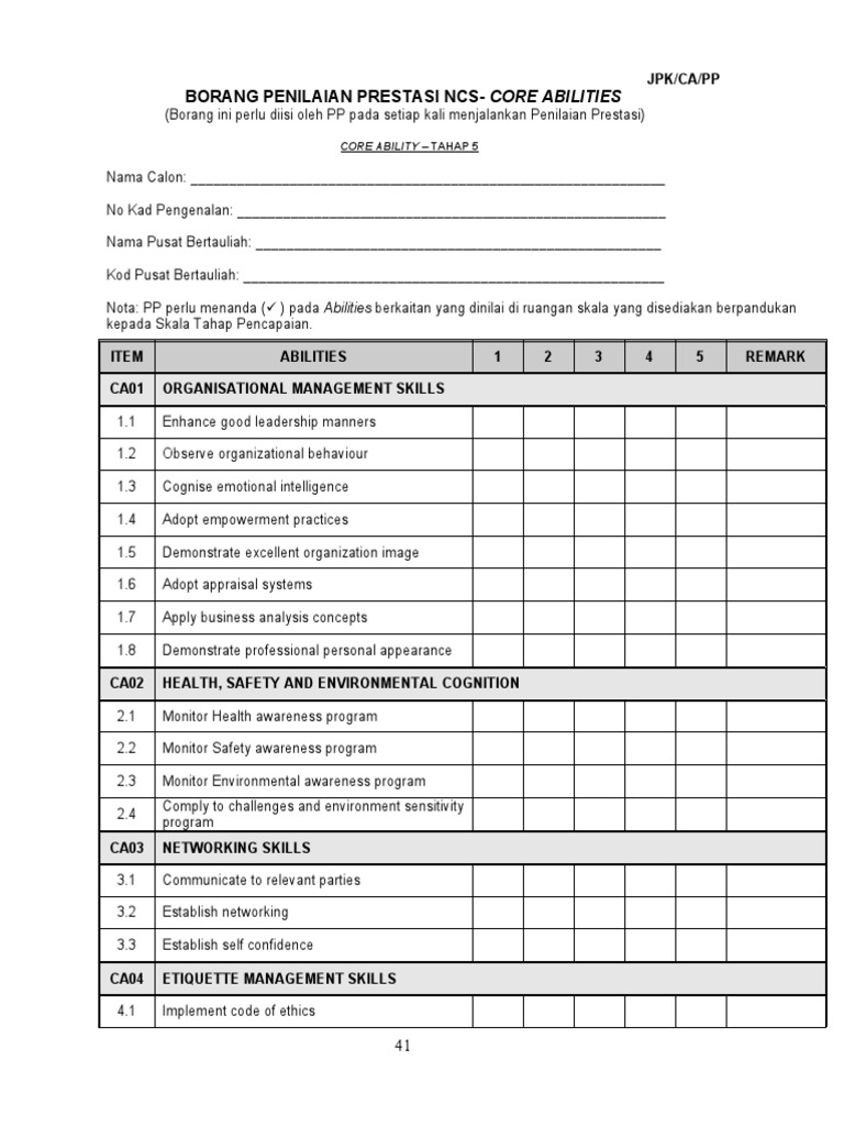 Borang Penilaian Prestasi Ncs-Core Abilities: Jpk/Ca/Pp | PDF | Cognition | Behavioural Sciences