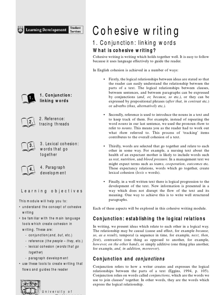 Cohesive Writing: 1. Conjunction: Linking Words | PDF