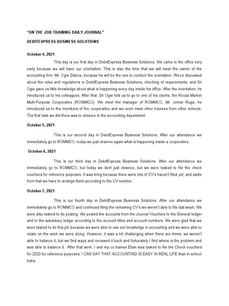 A Week-by-Week Accounting of My On-the-Job Training Experience | PDF