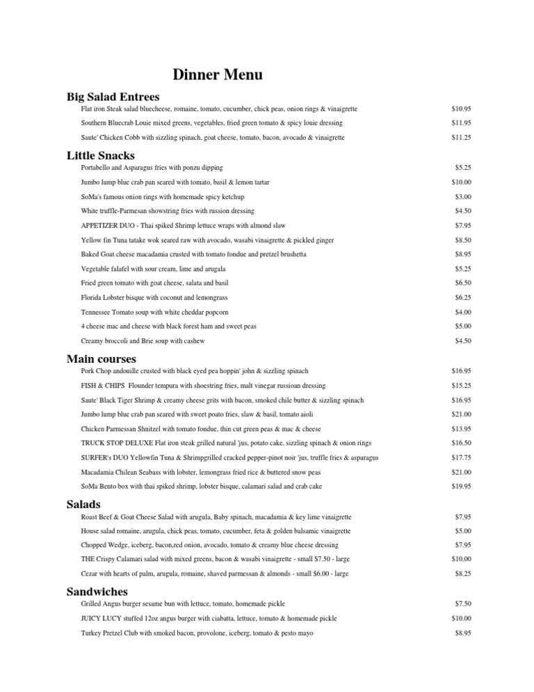So Ma Diner Menu | PDF | Salad | Foods