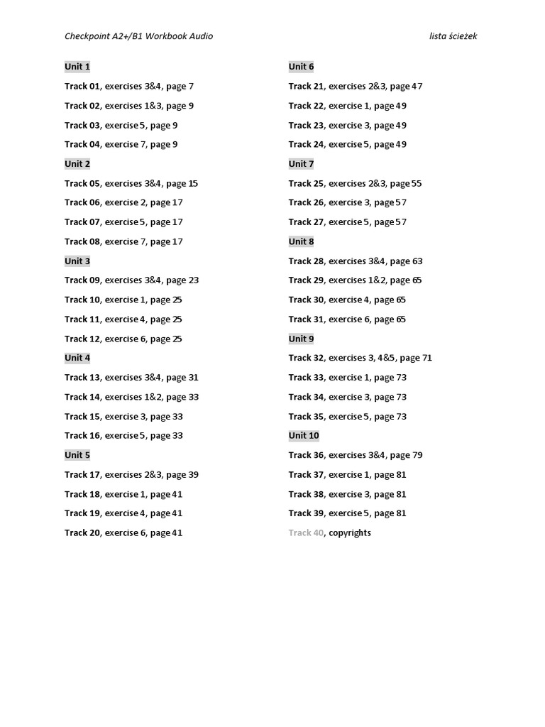 Checkpoint A2+/B1 Workbook Audio Lista Ścieżek | PDF