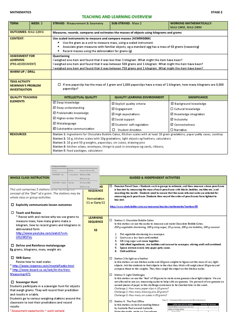 La Maths - Mass - Stage2-Plan6 | PDF | Weight | Mass