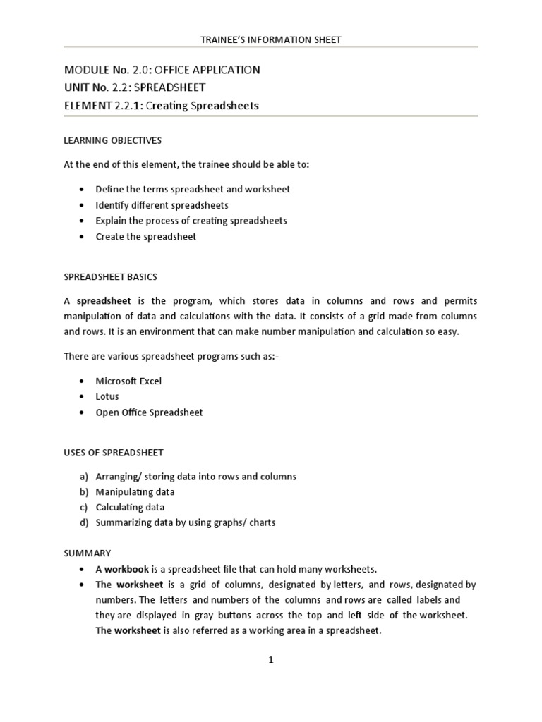 Module No. 2.0: Office Application Unit No. 2.2: Spreadsheet ELEMENT 2. ...