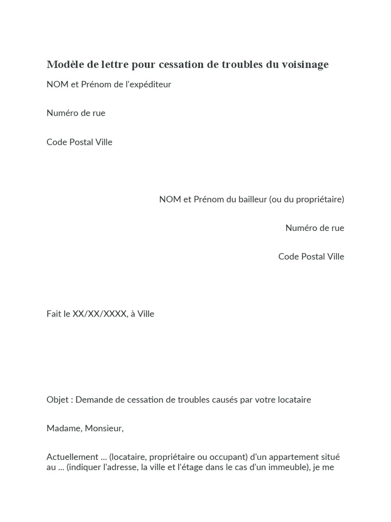 Modle Lettre Trouble De Voisinage Bailleur