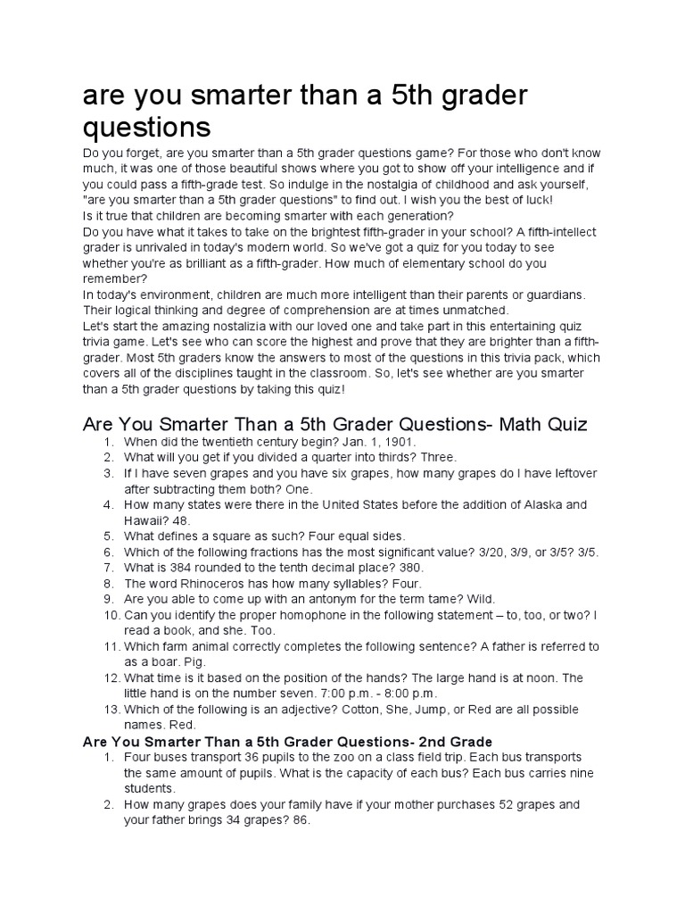 5th Grader Trivia Quiz Questions | PDF | The United States