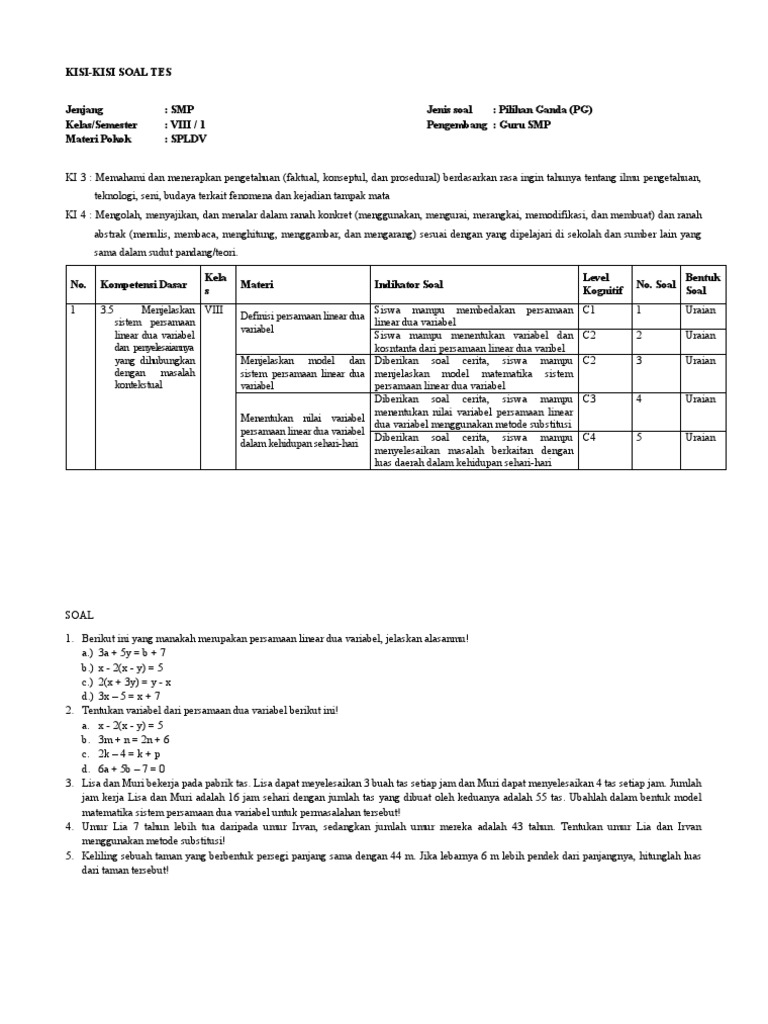 Kisi-Kisi Soal SPLDV Kelas 8 SMP | PDF