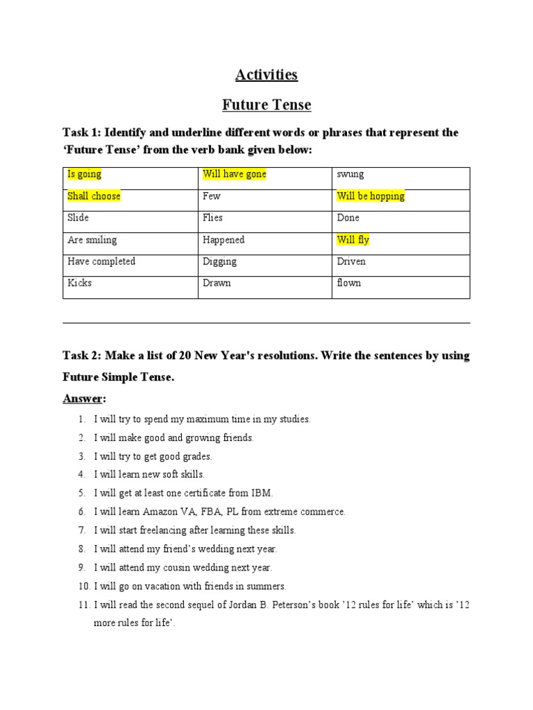 Week 10 - Simple Future and Future Progressive Tense Activity | PDF ...