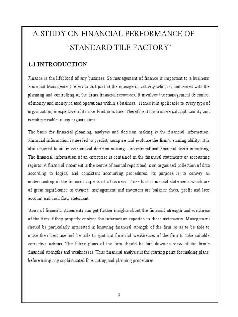 A Study On Financial Performance of Standard Tile Factory' | PDF ...