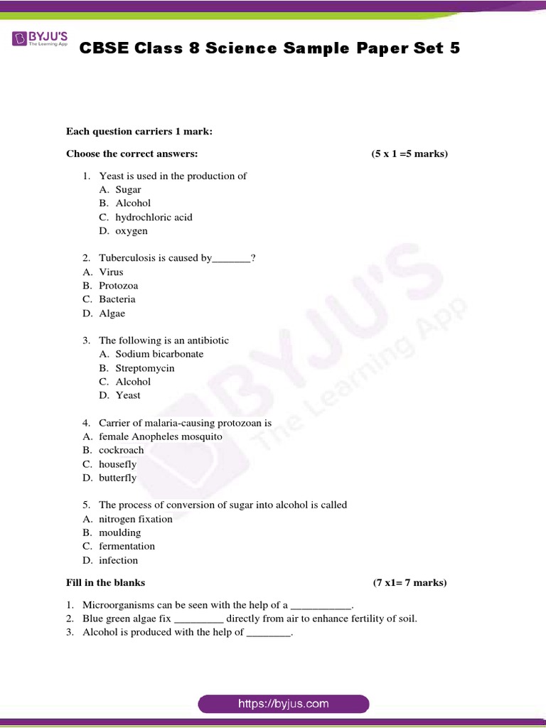 CBSE Class 8 Science Sample Paper Set 5: Each Question Carriers 1 Mark ...
