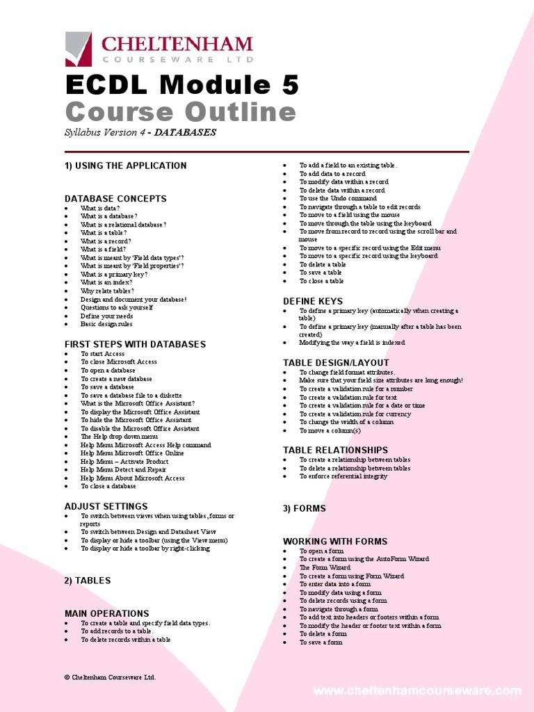 Course Outline: ECDL Module 5 | PDF | Databases | Microsoft Access