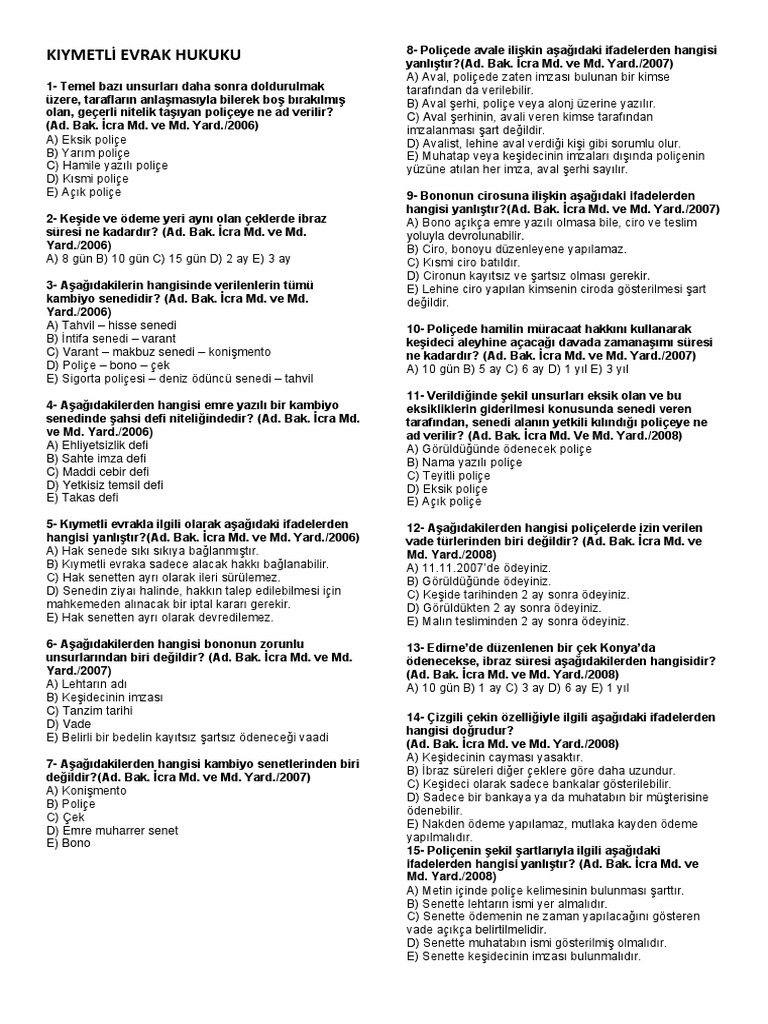 Kiymetli Evrak Hukuku Sorular | PDF