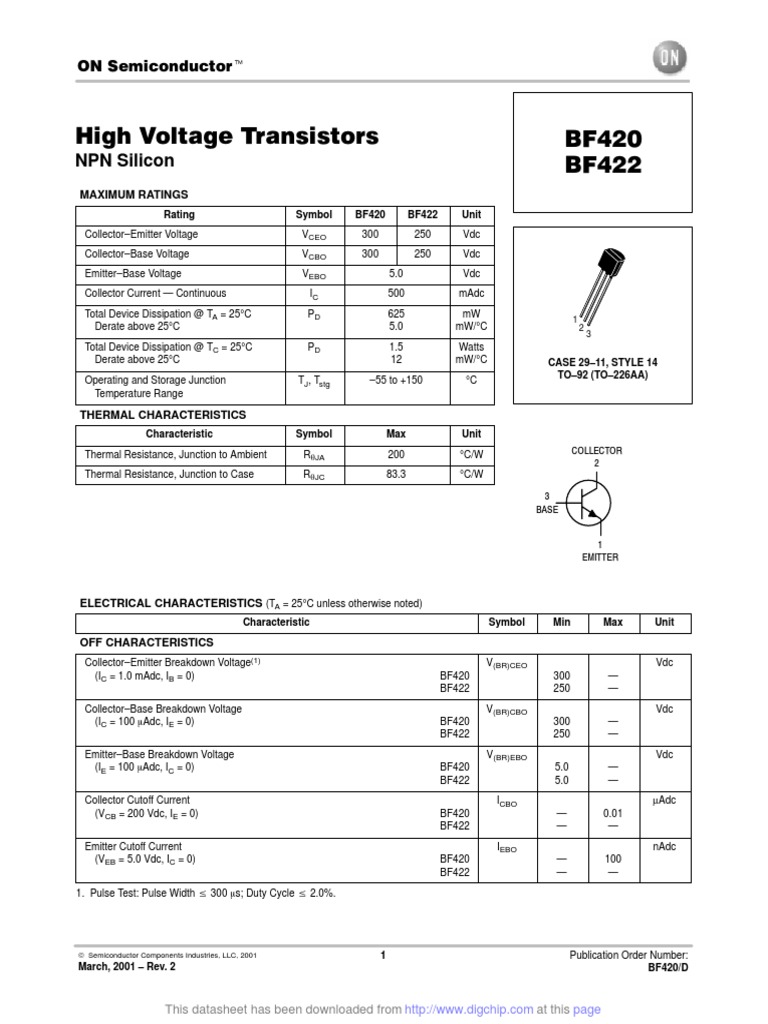 High Voltage Transistors BF420 BF422: NPN Silicon | PDF | Bipolar Junction Transistor | Electricity