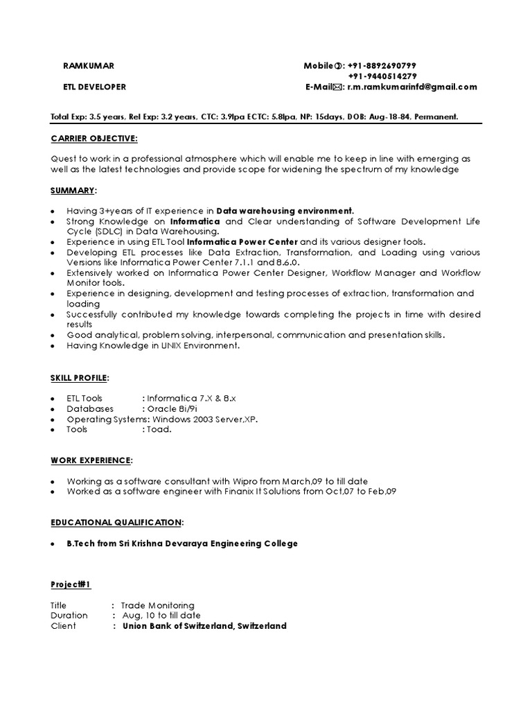 Ramkumar Informatica Etl Resume | PDF | Business | Computer Data