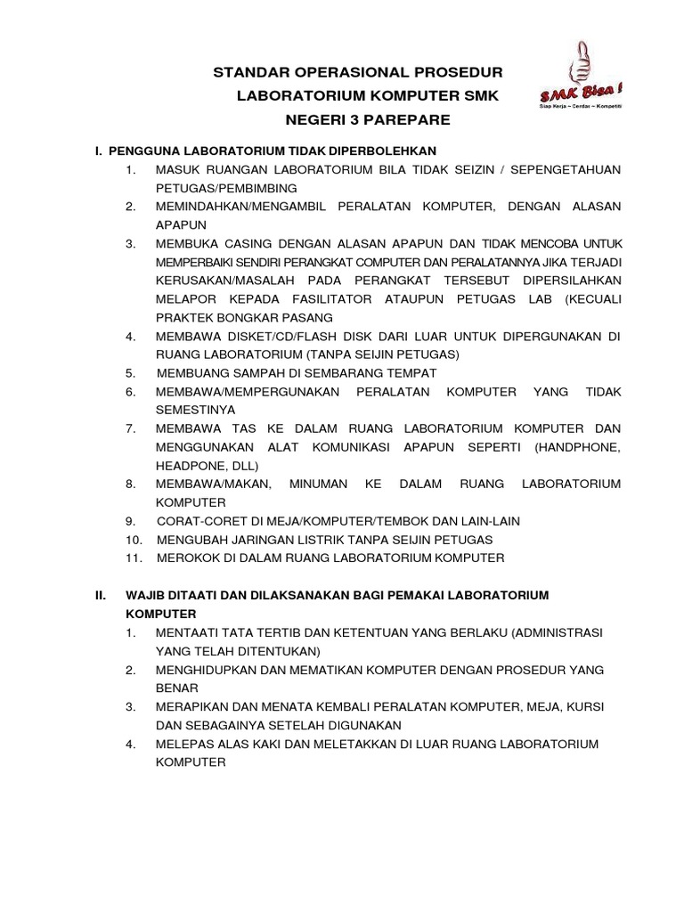Standar Operasional Penggunaan Lab Komputer | PDF