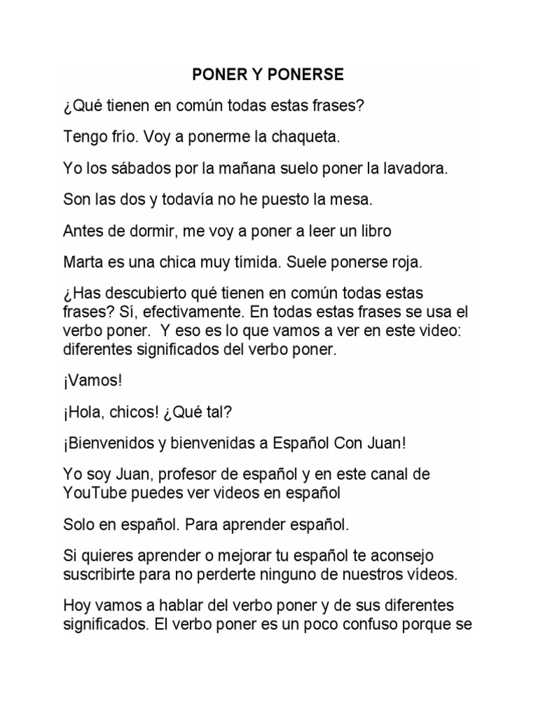 Poner y Ponerse | PDF | Lengua española | Verbo