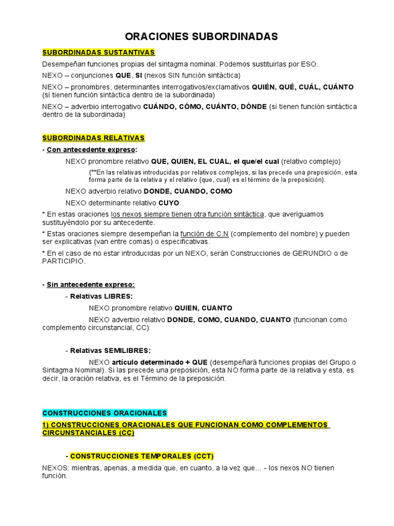 Oraciones Subordinadas Teoría | PDF | Oración (Lingüística) | Ciencia ...