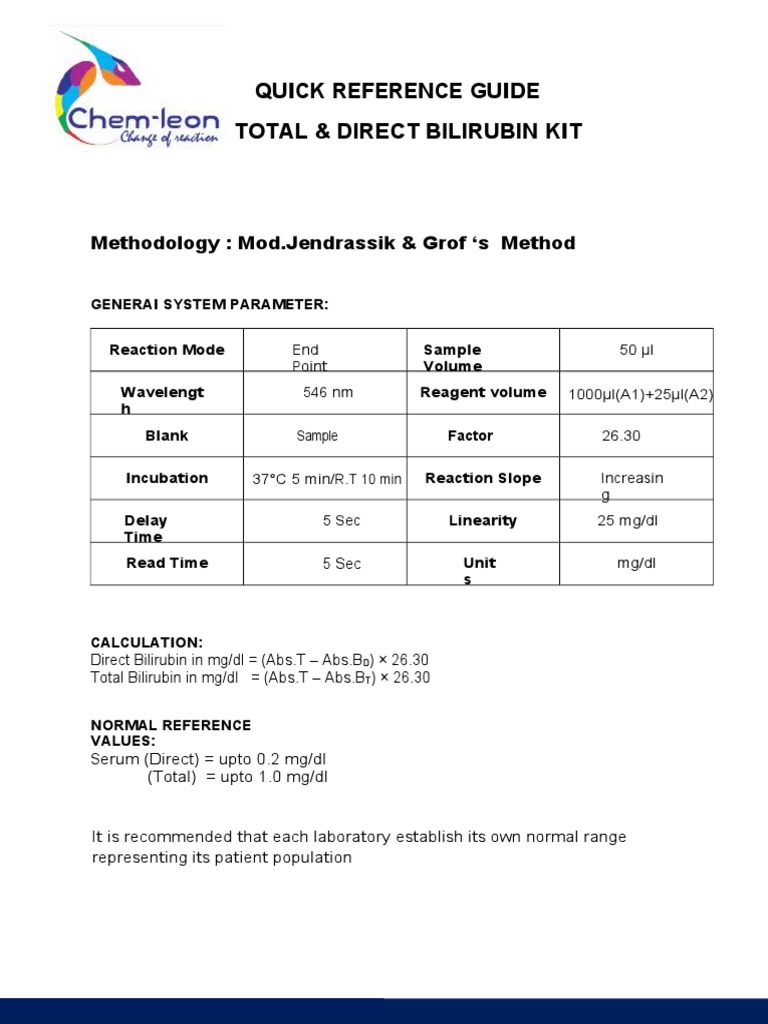 Quick Reference Guide Total & Direct Bilirubin Kit: Methodology: Mod ...