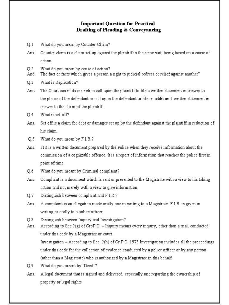 Drafting Pleading Conveyancing Imp Questions BL 805 | PDF | Pleading | Lawsuit