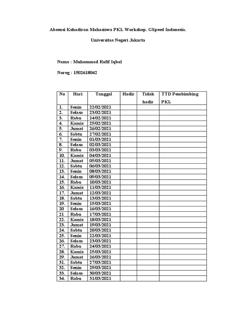 Absensi Kehadiran Mahasiswa PKL | PDF
