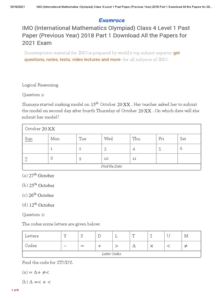 IMO (International Mathematics Olympiad) Class 4 Level 1 Past Paper ...