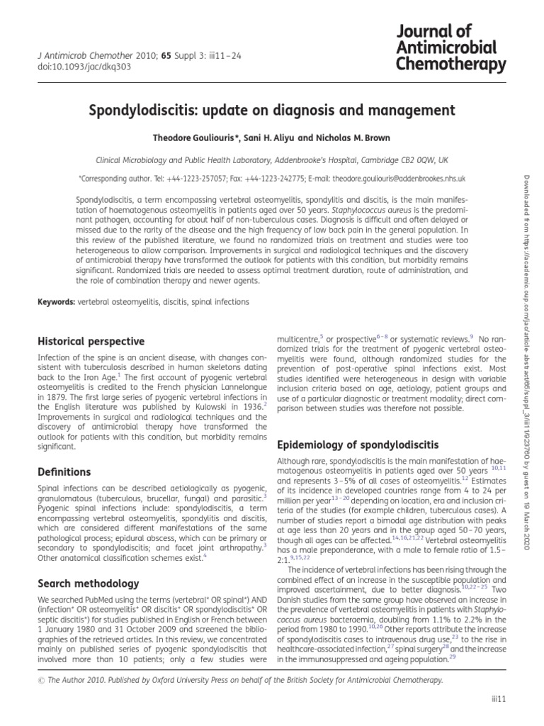 Spondylodiscitis Update On Diagnosis and Management | PDF | Medical ...