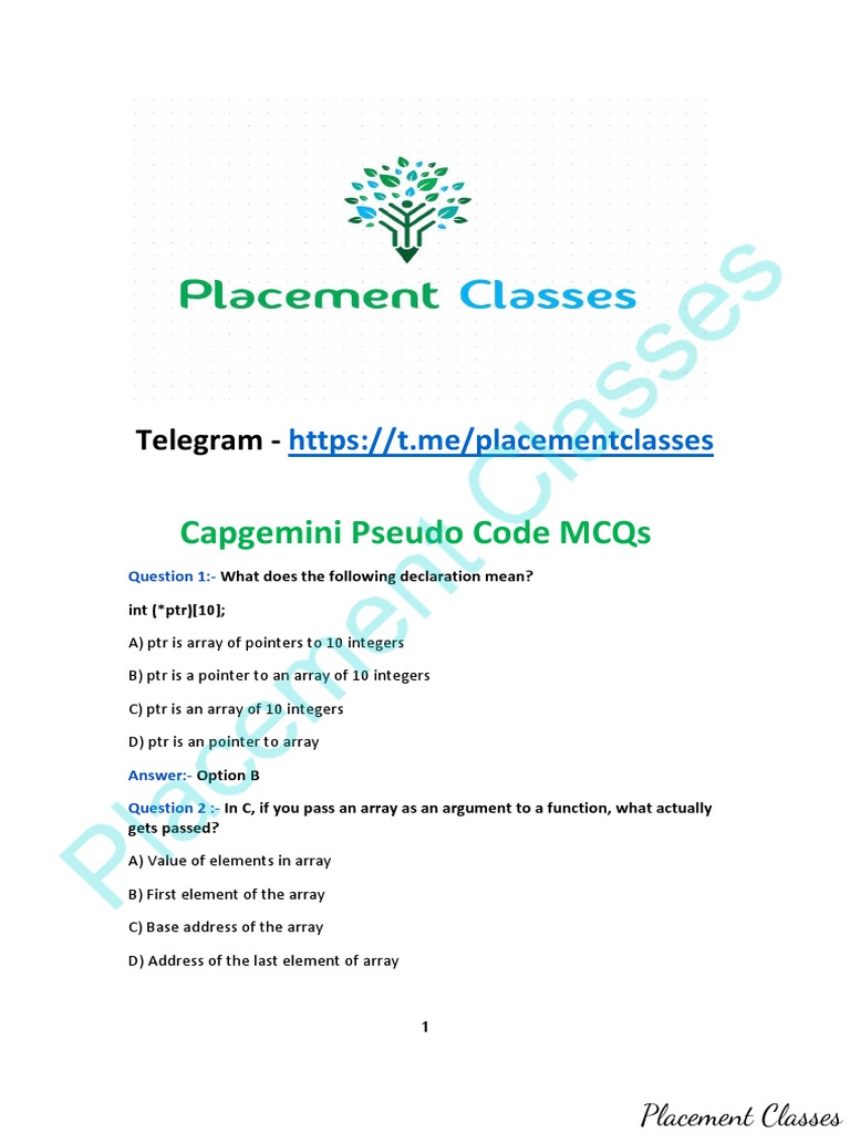 Capgemini Pseudo Code MCQS: Telegram | PDF | Pointer (Computer ...