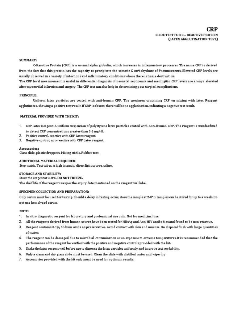 Slide Test For C - Reactive Protein (Latex Agglutination Test ...