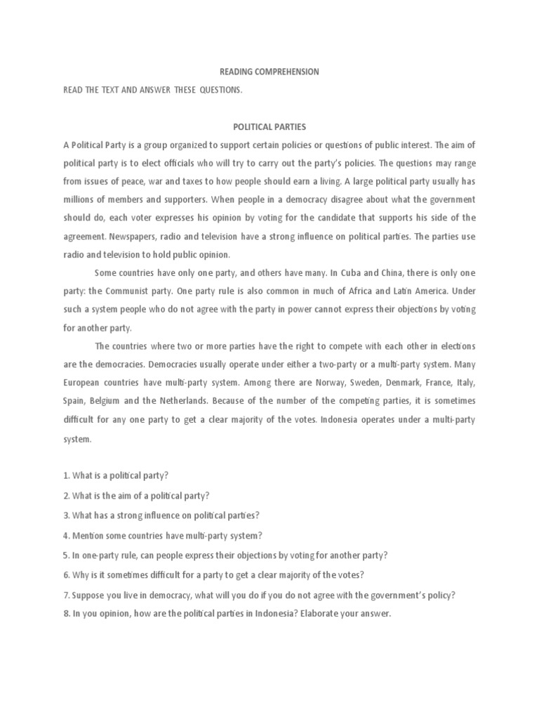 Reading Comprehension | PDF | Voting | Political Ideologies