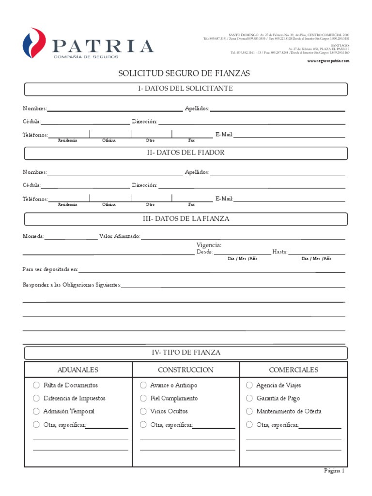 Formulario Solicitud Fianza Seguros Patria | PDF | Póliza de seguros | Derecho privado