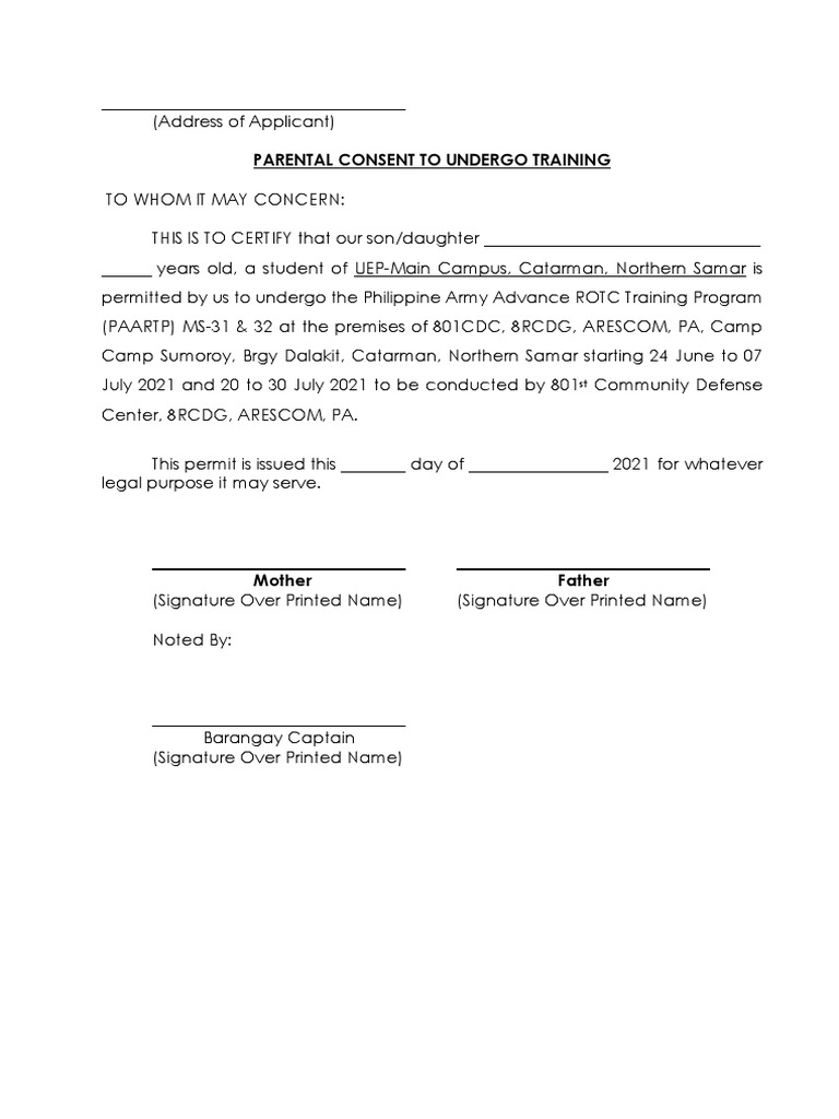 Parental Consent To Undergo Training | PDF | Army | Military Units And ...