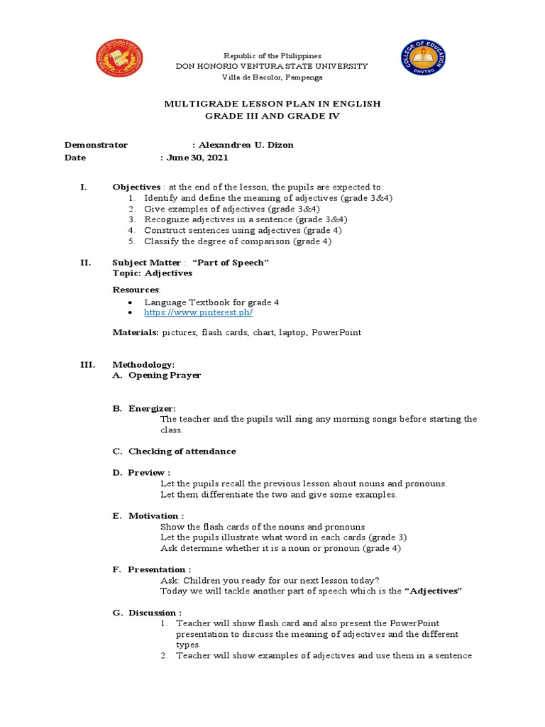 Multigrade Lesson Plan | PDF | Adjective | Part Of Speech