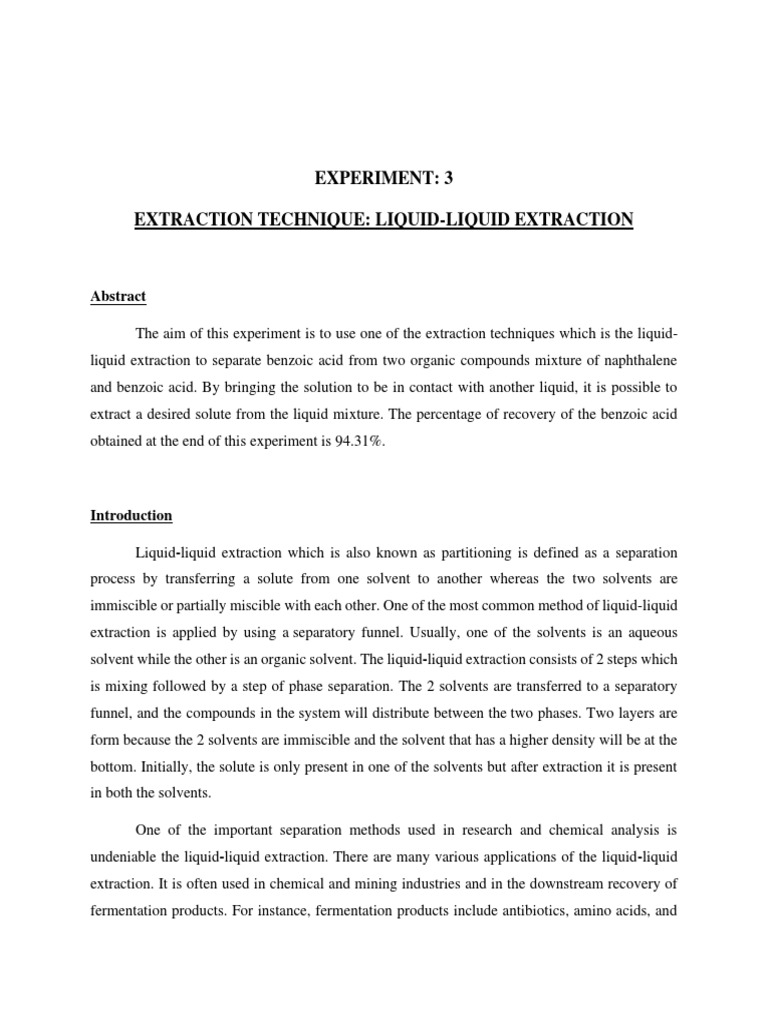 Experiment: 3 Extraction Technique: Liquid-Liquid Extraction | PDF ...