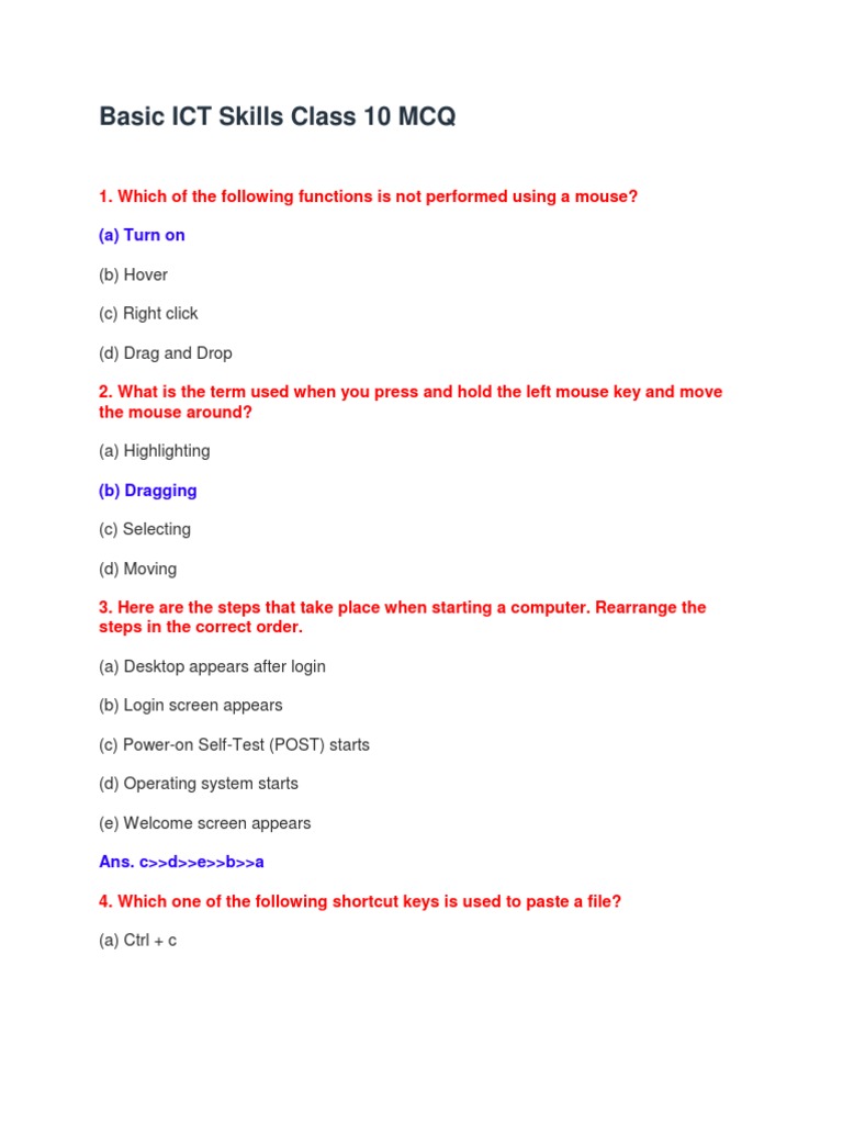 Basic ICT Skills Class 10 MCQ: (A) Turn On | PDF | Computer Virus ...