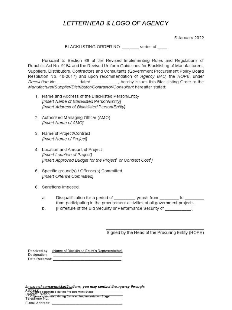 Blacklisting Order Template | PDF | Law