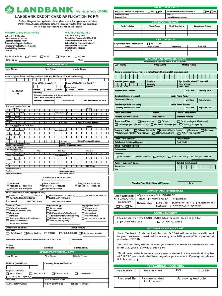 Landbank Credit Card Application Form: For Employed Individuals For ...