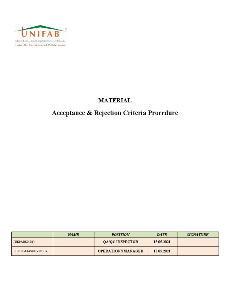 Acceptance & Rejection Criteria Procedure (21!03!15) Updated | PDF ...